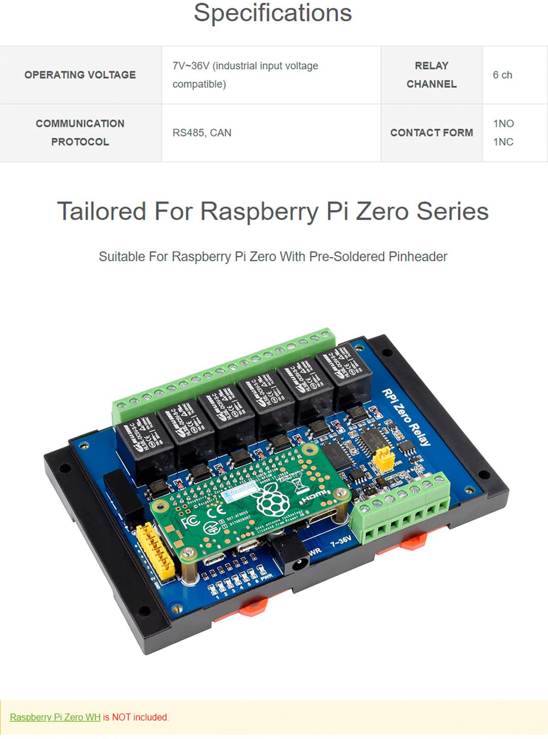 Waveshare Industrial 6-CH Relay Module for Raspberry Pi Zero, RS485/CAN Half-Duplex Communication, Auto RX/TX Switch, MCP2515 + SN65HVD230 Solution, SPI Control