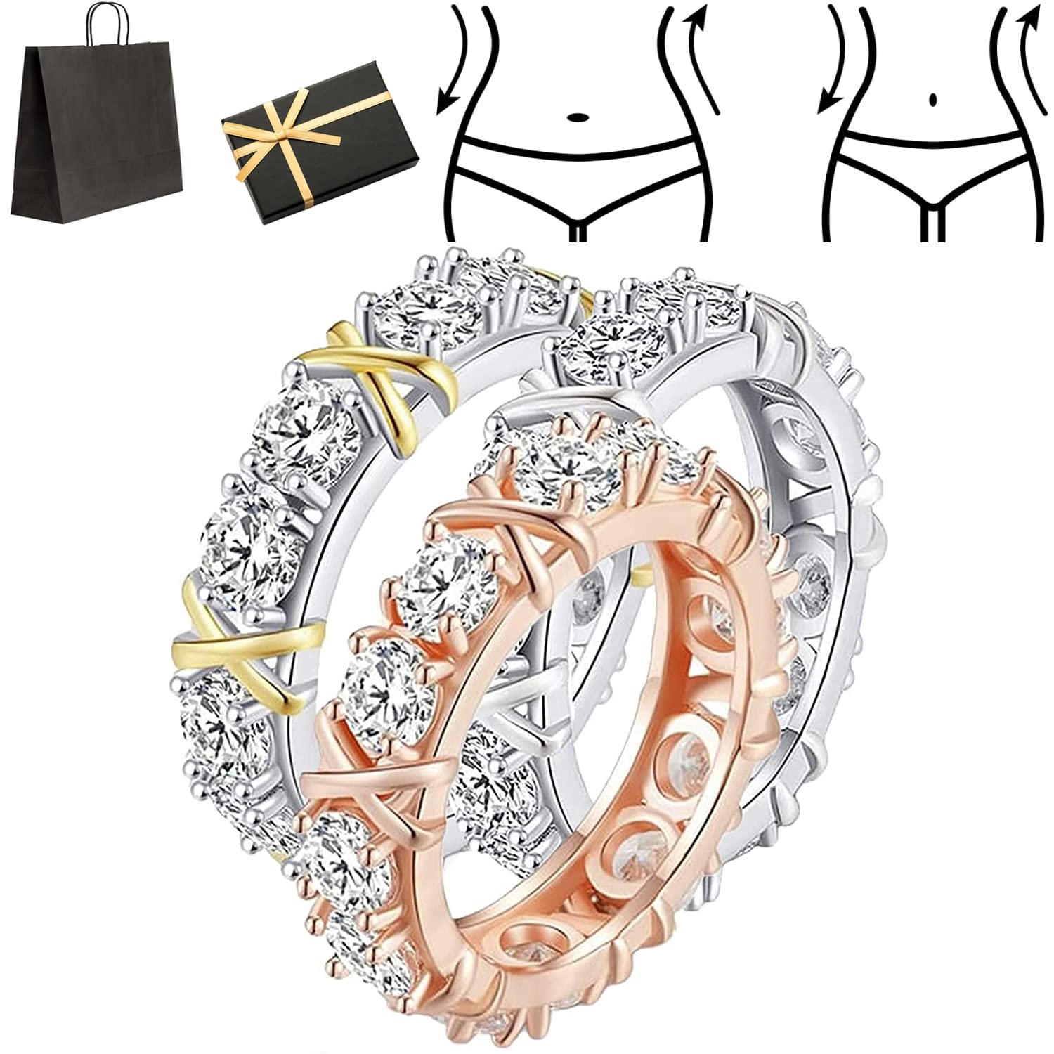 Moissanite Magnetology Lymphvity Ring, Magnetic Zircon Shaping Cross Full Moissanite Diamond Ring, Magnetic Rings for Women Weight Loss, Unclog Bloodstream and Lymph Nodes (8, 3pcs, Mix)