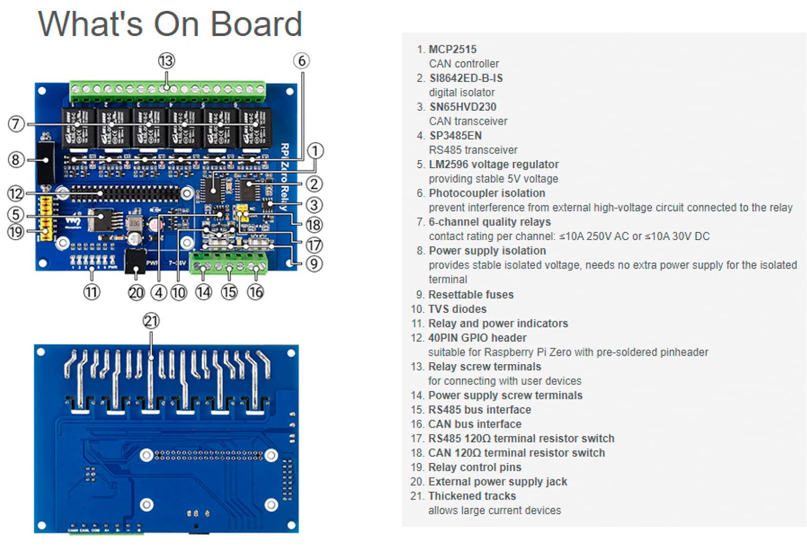 Waveshare Industrial 6-CH Relay Module for Raspberry Pi Zero, RS485/CAN Half-Duplex Communication, Auto RX/TX Switch, MCP2515 + SN65HVD230 Solution, SPI Control