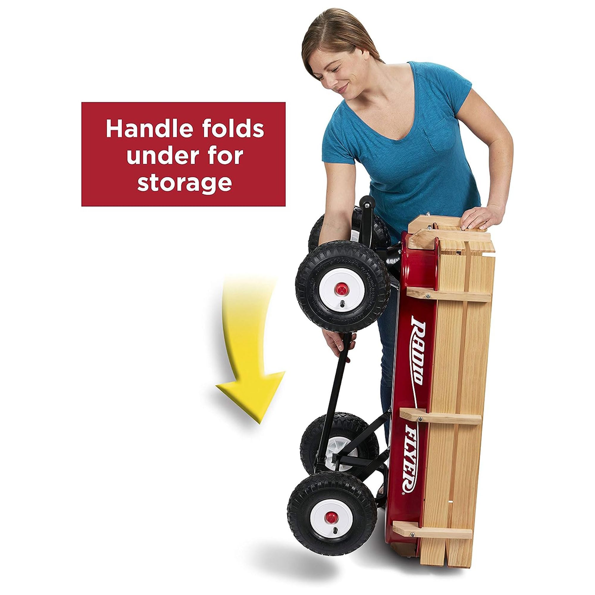 Radio Flyer Full Size All Terrain Classic Steel Pull Along Wagon with Foldable Handle and Wooden Stake Sides for Kids and Cargo, Red