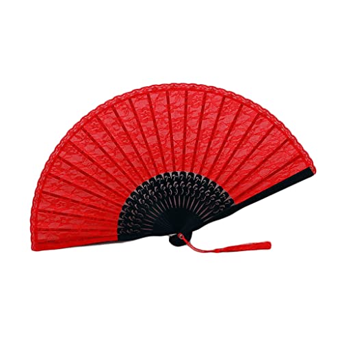 PHONME Decoration Folding Fan Chinese Folding Fan Lace Folding Handheld Fan Embroidered Hand Fan with Bamboo for Wedding Decoration Dancing Party Gift Elegant Hand Fan Vintage Style (Color : Red)