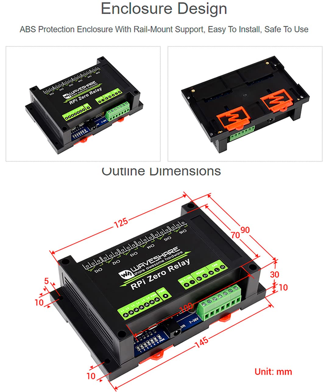 Waveshare Industrial 6-CH Relay Module for Raspberry Pi Zero, RS485/CAN Half-Duplex Communication, Auto RX/TX Switch, MCP2515 + SN65HVD230 Solution, SPI Control