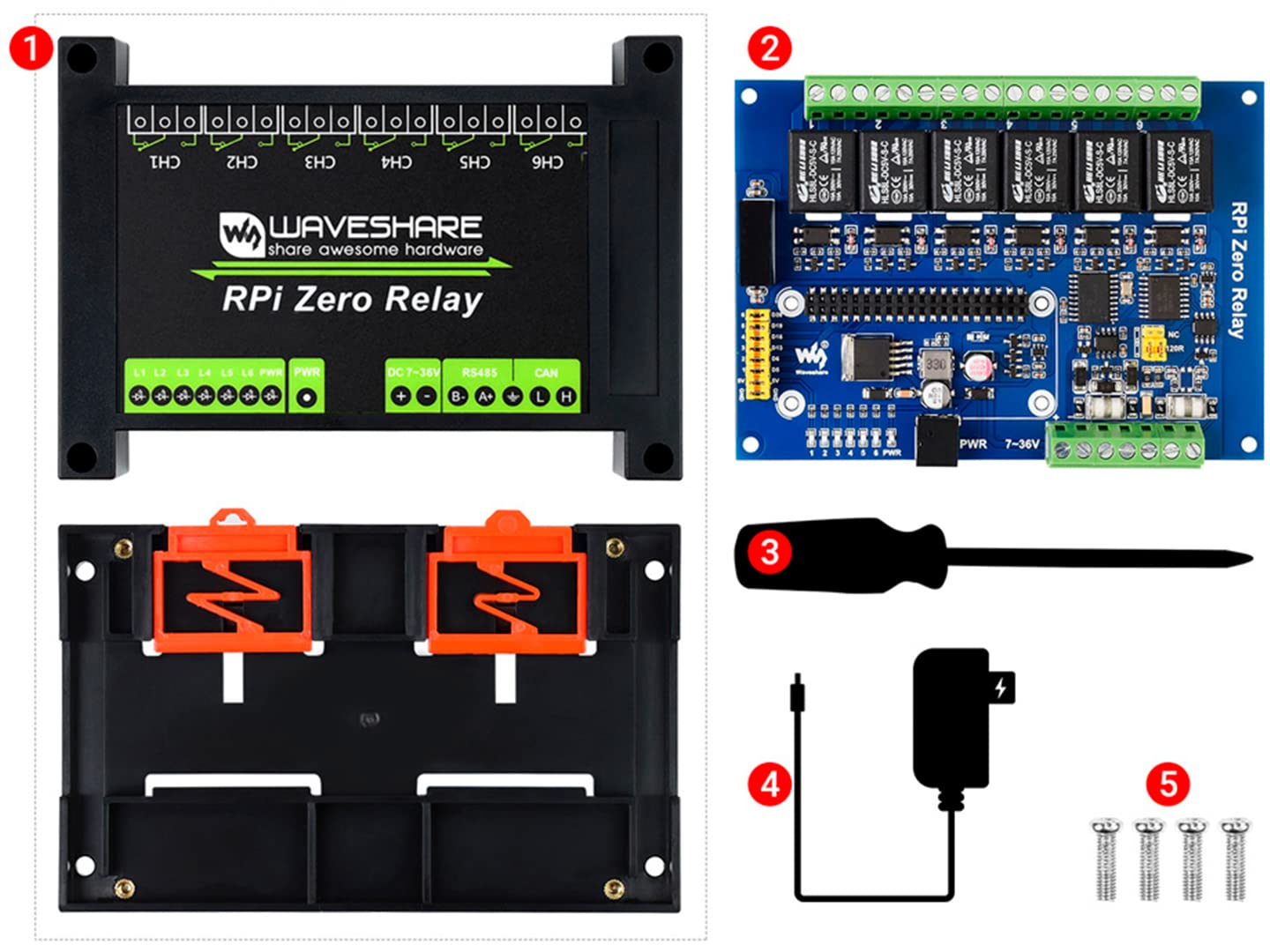 Waveshare Industrial 6-CH Relay Module for Raspberry Pi Zero, RS485/CAN Half-Duplex Communication, Auto RX/TX Switch, MCP2515 + SN65HVD230 Solution, SPI Control