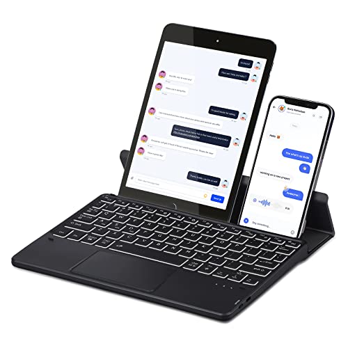 Doohoeek Multi-Device Bluetooth Backlit Keyboard with Trackpad, Keyboard with Mouse Pad & Kickstand for Tablets, Laptops, Phones and Computers