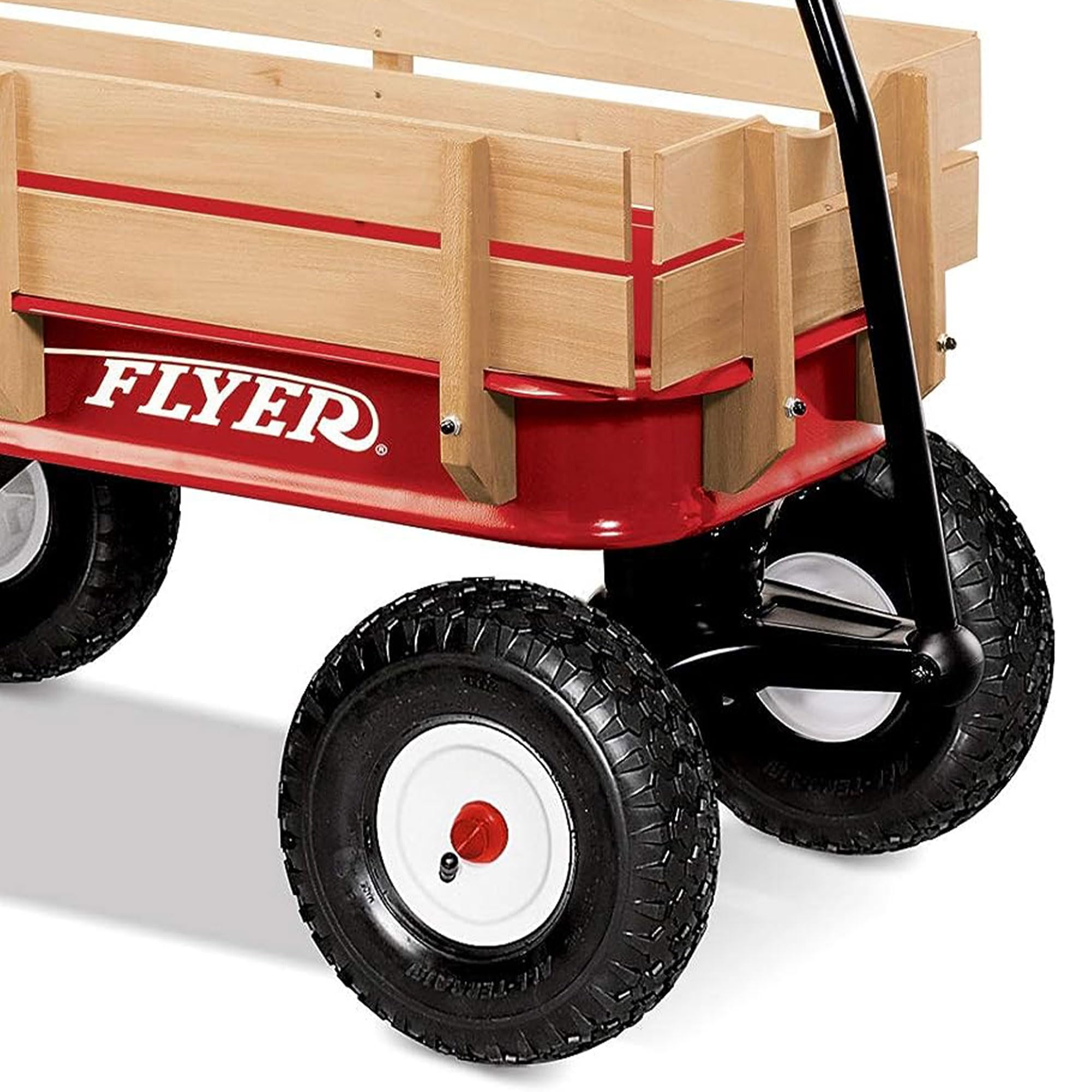 Radio Flyer Full Size All Terrain Classic Steel Pull Along Wagon with Foldable Handle and Wooden Stake Sides for Kids and Cargo, Red