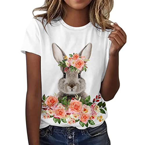 Womens Spring Summer Rabbit Printed Short Sleeve O Neck T Shirt Top Orange