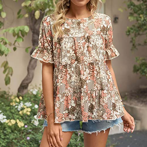Women's Fashion Casual Summer V Neck Prints Stitching Short Sleeve Loose T Shirt Top Khaki