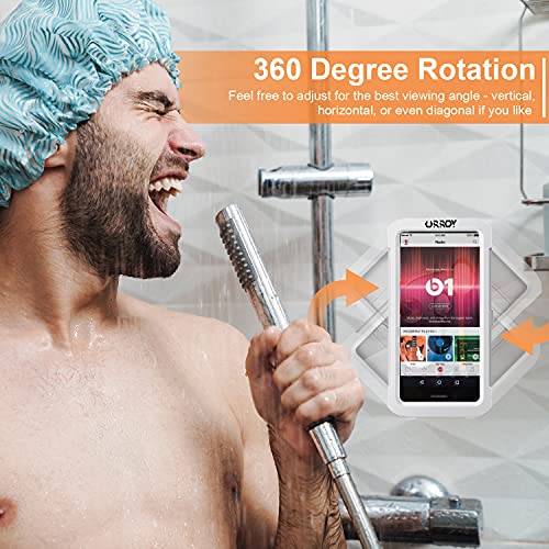 URROY 2021 Upgrade Shower Phone Holder [360° Rotation], Waterproof Wall Mount Shower Phone Case, HD High Sensitivity Cell Phone Universal Bathroom Mirror Shelf Storage Box for Bathtub, Kitchen (White)