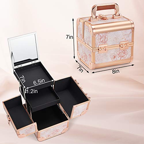 Costravio Makeup Box Cosmetic Train Case with Mirror Travel Organizer Cosmetic Jewelry Storage Box with 2-Tier Tackle Trays Portable Lockable Makeup Organizer Box - Marble Rose Gold Style
