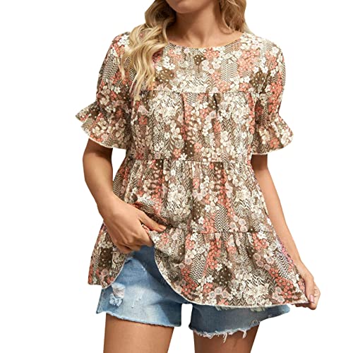 Women's Fashion Casual Summer V Neck Prints Stitching Short Sleeve Loose T Shirt Top Khaki