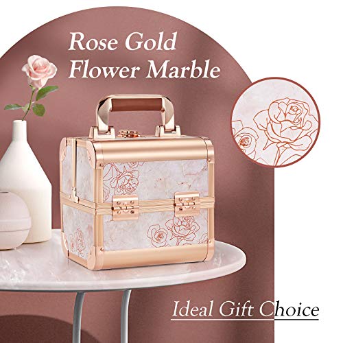 Costravio Makeup Box Cosmetic Train Case with Mirror Travel Organizer Cosmetic Jewelry Storage Box with 2-Tier Tackle Trays Portable Lockable Makeup Organizer Box - Marble Rose Gold Style
