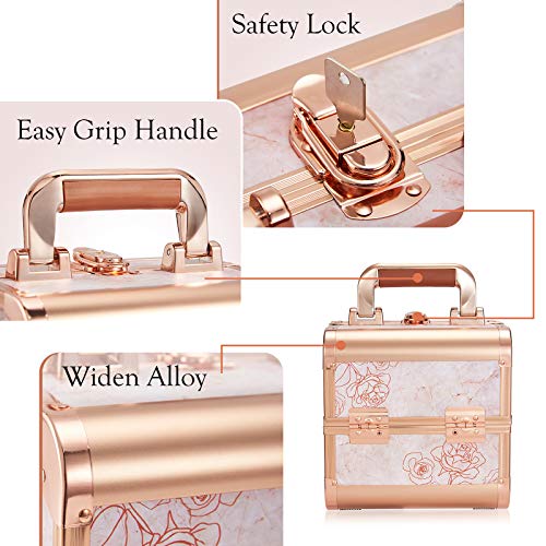 Costravio Makeup Box Cosmetic Train Case with Mirror Travel Organizer Cosmetic Jewelry Storage Box with 2-Tier Tackle Trays Portable Lockable Makeup Organizer Box - Marble Rose Gold Style