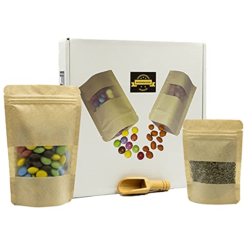 spear Kraft Paper Stand Up Food Storage - Bags with Window Zip Lock Pouch Bags,Resealable Seal Zipper Matt Small Treat Cookie Baked Goods Tea Bakery Rice for Packaging Brown 2 Different Sizes 100 pcs: 6 x 4 in(40pcs) and 4x3 in(60pcs) and 1 Bamboo Wood Sp