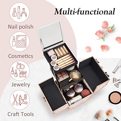 Costravio Makeup Box Cosmetic Train Case with Mirror Travel Organizer Cosmetic Jewelry Storage Box with 2-Tier Tackle Trays Portable Lockable Makeup Organizer Box - Marble Rose Gold Style