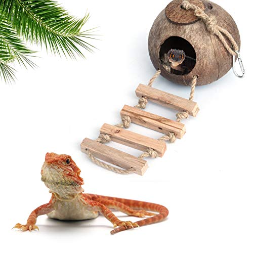 Gecko Coconut Husk Hut, Bird Hut Nesting House Hideouts with Ladder, Coco Texture Provide Food, Durable Cave Habitat with Hanging Loop for Leopard Gecko, Reptiles, Amphibians and Small Animals