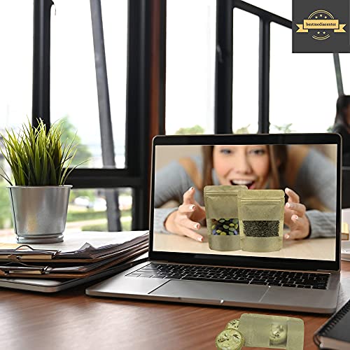 spear Kraft Paper Stand Up Food Storage - Bags with Window Zip Lock Pouch Bags,Resealable Seal Zipper Matt Small Treat Cookie Baked Goods Tea Bakery Rice for Packaging Brown 2 Different Sizes 100 pcs: 6 x 4 in(40pcs) and 4x3 in(60pcs) and 1 Bamboo Wood Sp