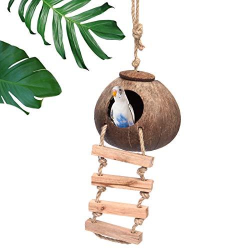 Gecko Coconut Husk Hut, Bird Hut Nesting House Hideouts with Ladder, Coco Texture Provide Food, Durable Cave Habitat with Hanging Loop for Leopard Gecko, Reptiles, Amphibians and Small Animals