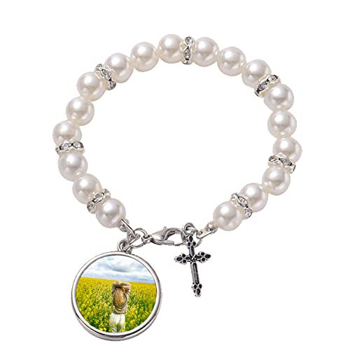 Custom Christian Charm Bracelets for Women Faith-Personalized Bracelets for Women with Picture-Engraved Cross Bracelet for Women Beaded Grandma Mother Daughter Easter Adjustable (White)