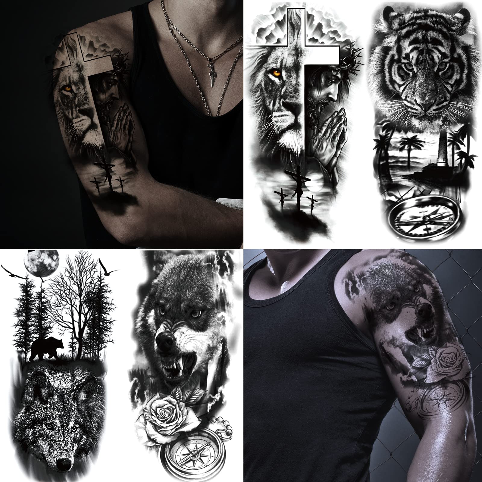 72 Sheets Half Sleeve Temporary Tattoos for Men Women Adults, Tiger Wolf Flower Skull Realistic Temporary Tattoo Stickers for Halloween, Black 3D Rose Animals Fake Tattoos
