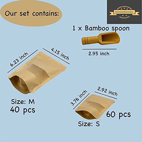 spear Kraft Paper Stand Up Food Storage - Bags with Window Zip Lock Pouch Bags,Resealable Seal Zipper Matt Small Treat Cookie Baked Goods Tea Bakery Rice for Packaging Brown 2 Different Sizes 100 pcs: 6 x 4 in(40pcs) and 4x3 in(60pcs) and 1 Bamboo Wood Sp