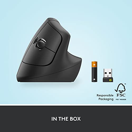 Logitech Lift Vertical Ergonomic Mouse, Wireless, Bluetooth or Logi Bolt USB receiver, Quiet clicks, 4 buttons, compatible with Windows/macOS/iPadOS, Laptop, PC - Graphite