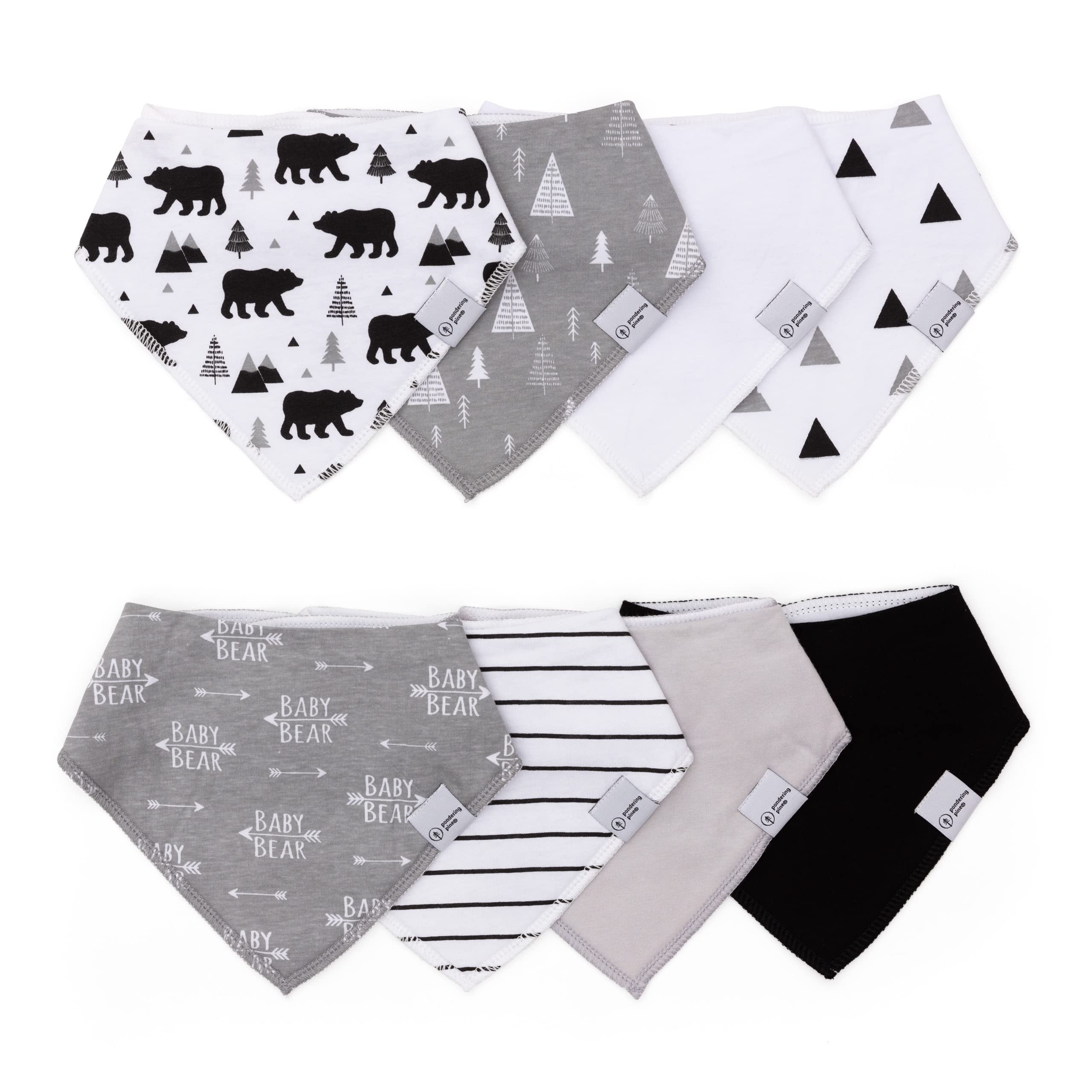 Pondering Pine Organic Baby Bandana Drool Bibs with Bag - Baby Bear Bandana Bibs for Boy or Girl - XLarge Soft Spit Up Drooling and Teething Bib, Extra Absorbent, Woodland Nursery, 8 Pack