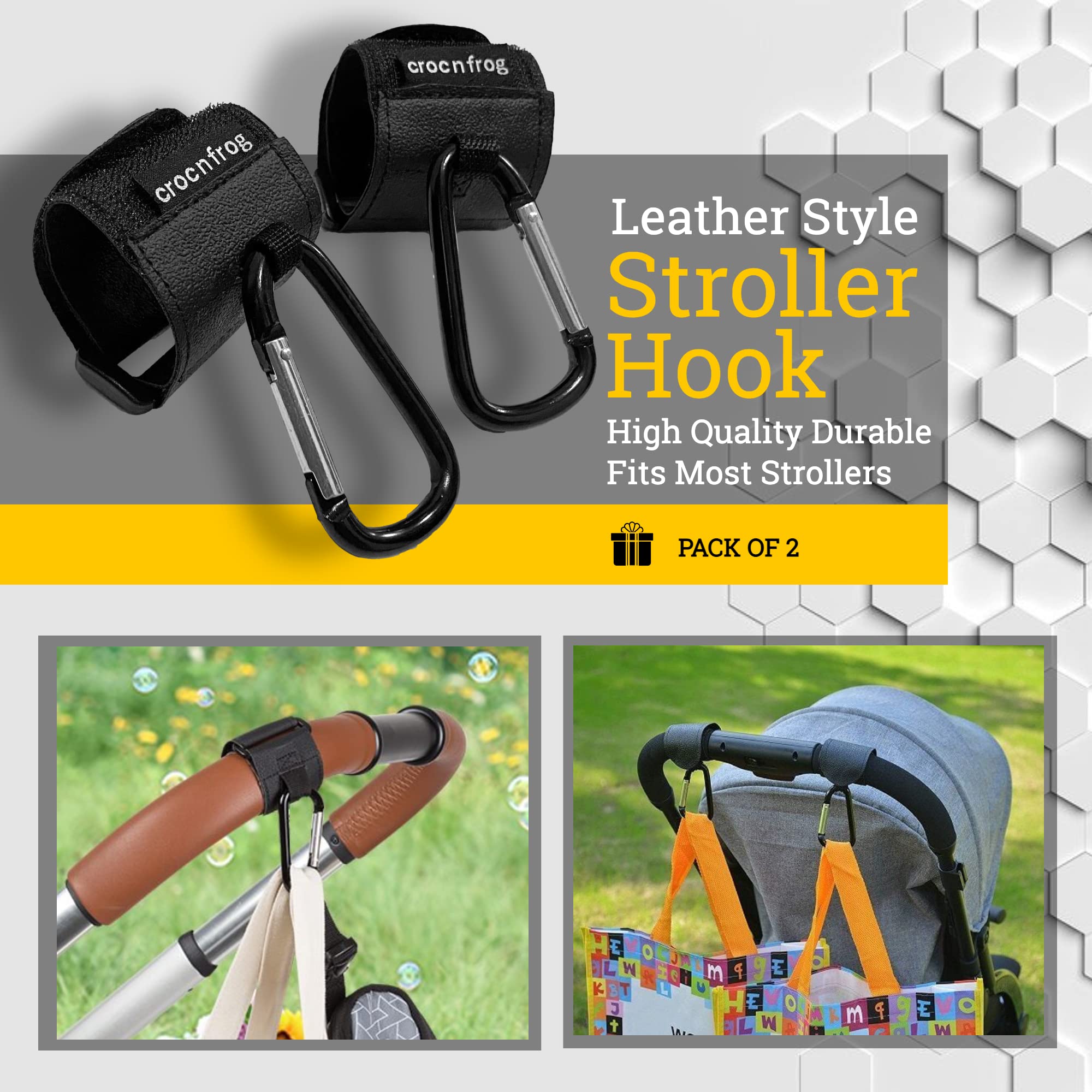 Stroller Hook - Faux Leather Style Stroller Hooks for Hanging Purse, Diaper Bags | Strong and Large Stroller Clips - Perfect Stroller Organizer for Baby Shower Favors or Gifts - Pack of 2