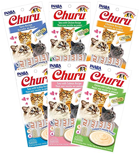 INABA Churu Lickable Purée Wet Treat for Cats - No Grains, No Preservatives, with Added Vitamin E and Green Tea - 6 Flavor Pack of 24 Tubes
