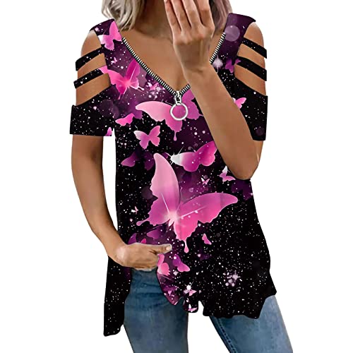 Womens Fashion Zipper Strapless Short Sleeve Butterfly Print T Shirt Short Sleeve