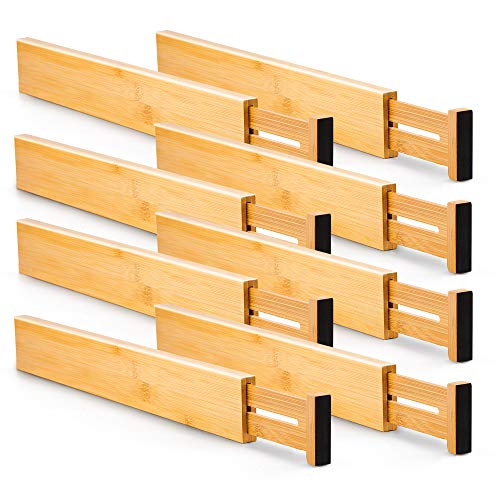 EcoFives Bamboo Separators, Expandable Drawer Divider, Adjustable Spring Loaded Drawer for Kitchen, Dresser, Bedroom, Baby Drawer, Bathroom & Office, Set of 8