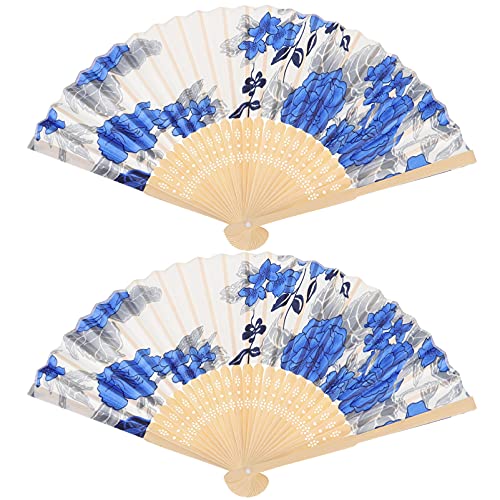 RAZZUM 2 Pcs Floral Folding Hand Fan Chinese Vintage Retro Silk Handheld Fans with Frames for Wedding Dancing Church Party Gifts As Shown Fan