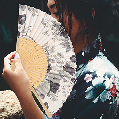 RAZZUM 2 Pcs Floral Folding Hand Fan Chinese Vintage Retro Silk Handheld Fans with Frames for Wedding Dancing Church Party Gifts Grey Fan