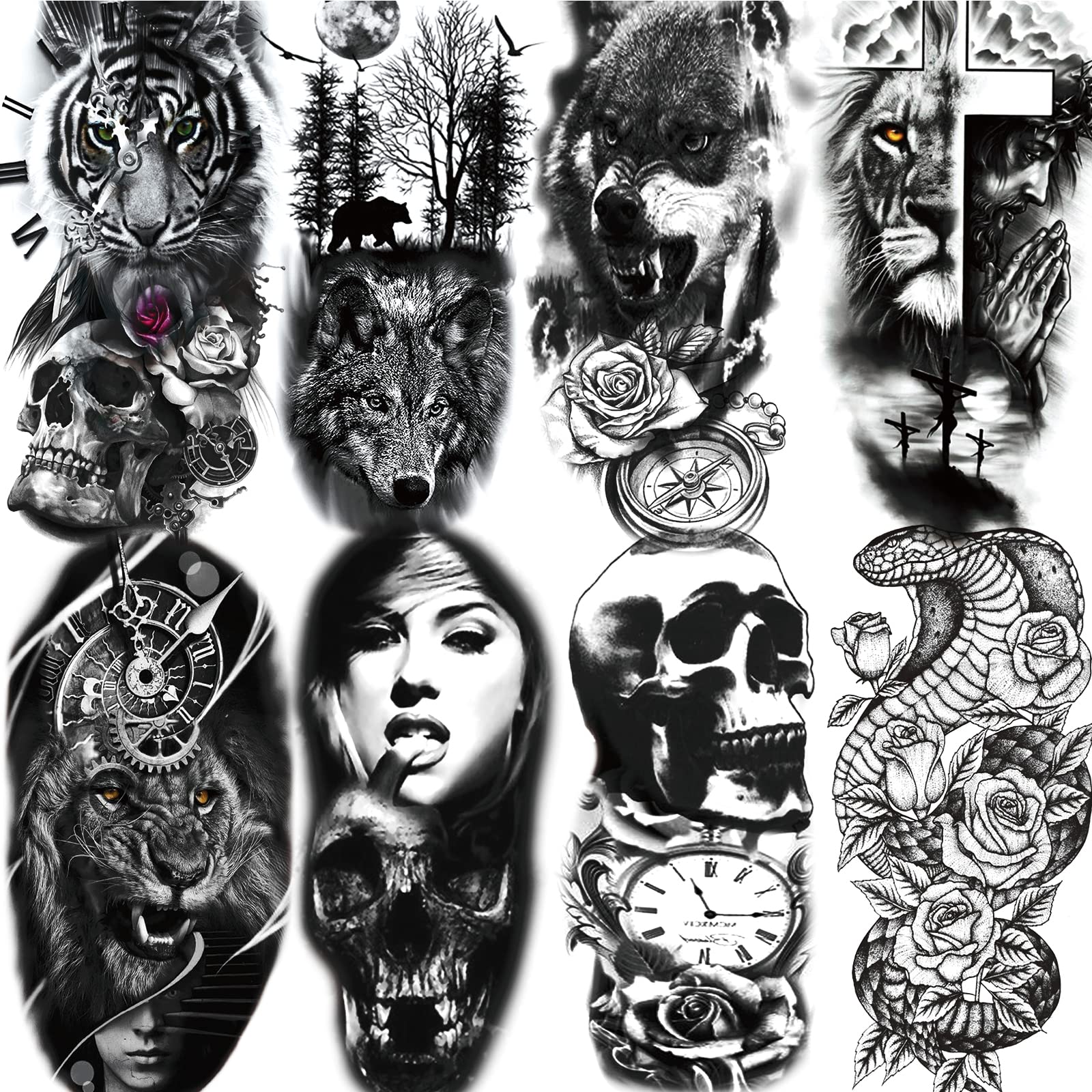 72 Sheets Half Sleeve Temporary Tattoos for Men Women Adults, Tiger Wolf Flower Skull Realistic Temporary Tattoo Stickers for Halloween, Black 3D Rose Animals Fake Tattoos