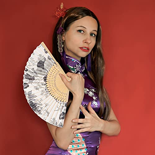 RAZZUM 2 Pcs Floral Folding Hand Fan Chinese Vintage Retro Silk Handheld Fans with Frames for Wedding Dancing Church Party Gifts Grey Fan