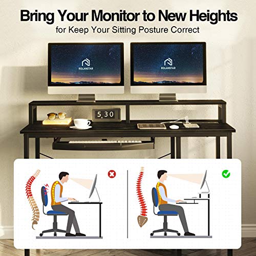 Rolanstar Computer Desk with Power Outlet and Monitor Stand Shelf, 47” Home Office PC Desk with Keyboard Tray and USB Ports Charging Station, Desktop Table, Stable Metal Frame Workstation, Black