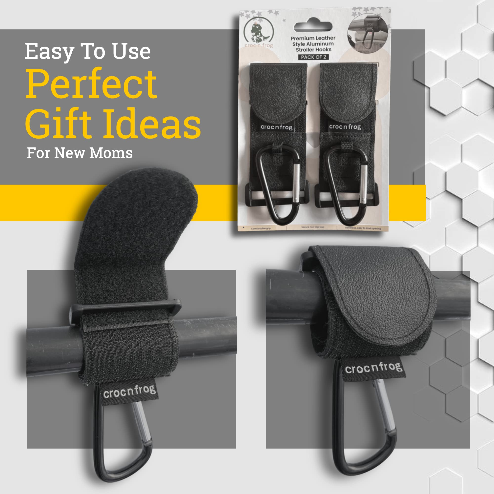 Stroller Hook - Faux Leather Style Stroller Hooks for Hanging Purse, Diaper Bags | Strong and Large Stroller Clips - Perfect Stroller Organizer for Baby Shower Favors or Gifts - Pack of 2
