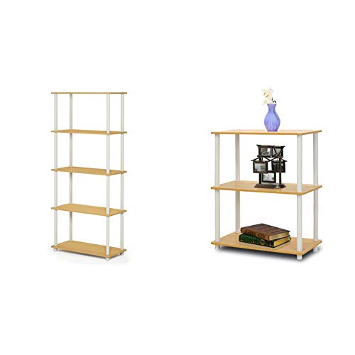Furinno Turn-N-Tube 5-Tier Multipurpose Shelf/Display Rack/Storage Shelf/Bookshelf, Round Tubes, Beech/White & Turn-N-Tube Display Rack, 3-Tier Single, Beech