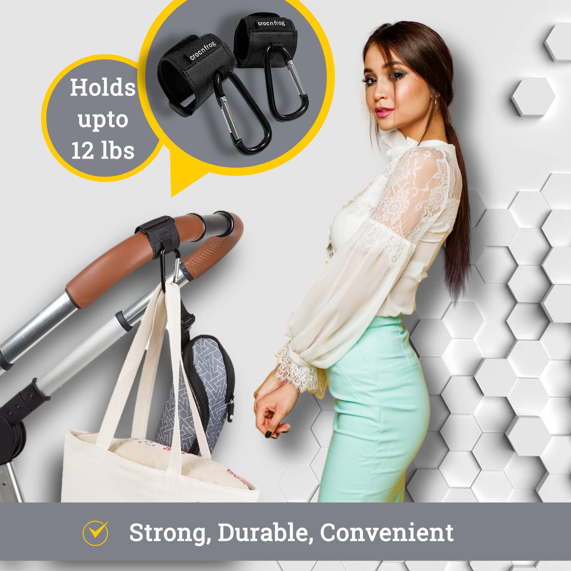 Stroller Hook - Faux Leather Style Stroller Hooks for Hanging Purse, Diaper Bags | Strong and Large Stroller Clips - Perfect Stroller Organizer for Baby Shower Favors or Gifts - Pack of 2