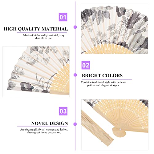 RAZZUM 2 Pcs Floral Folding Hand Fan Chinese Vintage Retro Silk Handheld Fans with Frames for Wedding Dancing Church Party Gifts Grey Fan