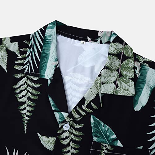 DUOWEI Male Spring and Summer Single Breasted Shirts Casual Print Lapel Beach Short Sleeve Pocket Outdoor Vacation Shirts Black