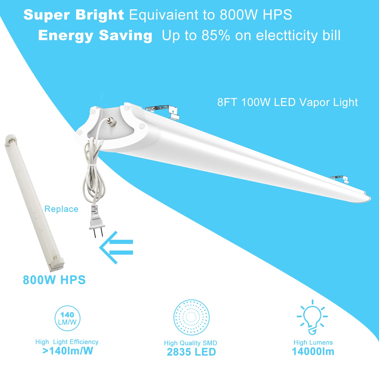 8ft Flush Mount 100w 3CCT(3000-4000-5000k) Selectable LED Vapor Shop Celling Light with 5ft Plug and Play for Special Wet Location and Celling Fixture Industry and Commercial Illumination (2 Pack)