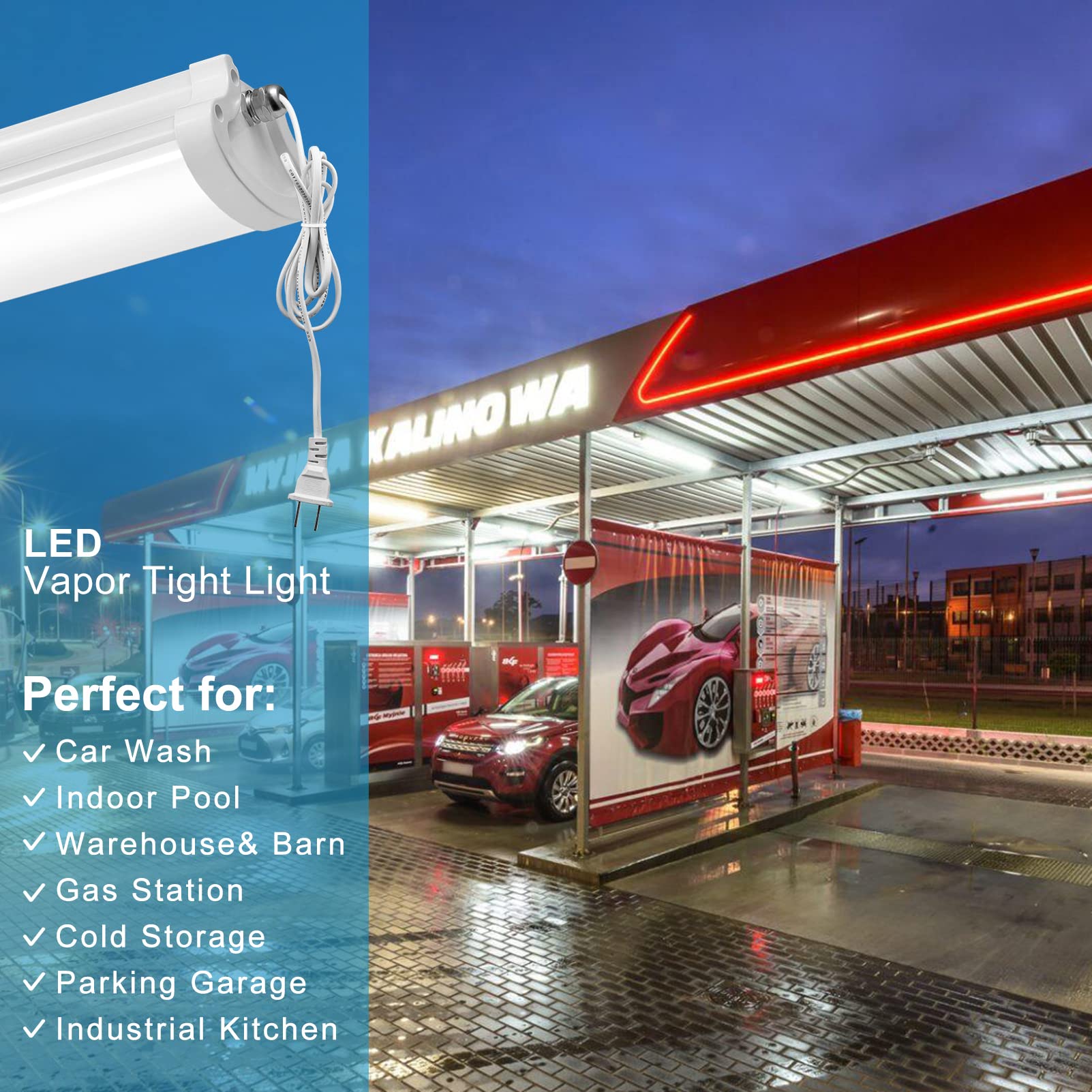 8ft Flush Mount 100w 3CCT(3000-4000-5000k) Selectable LED Vapor Shop Celling Light with 5ft Plug and Play for Special Wet Location and Celling Fixture Industry and Commercial Illumination (2 Pack)