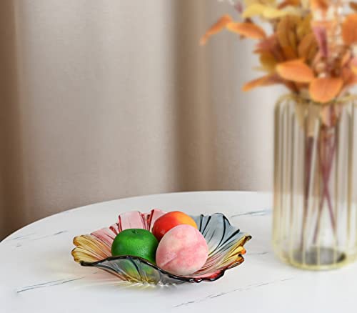 YITONGDA Tabletop Crystal Glass Fruit Plates Bowlfor Dessert Plate Cake Plate Glass Colorful Candy Snack Bowl,Art Glass Bowl Flower-shaped Design ,11 inch Diameter (Muti-color)