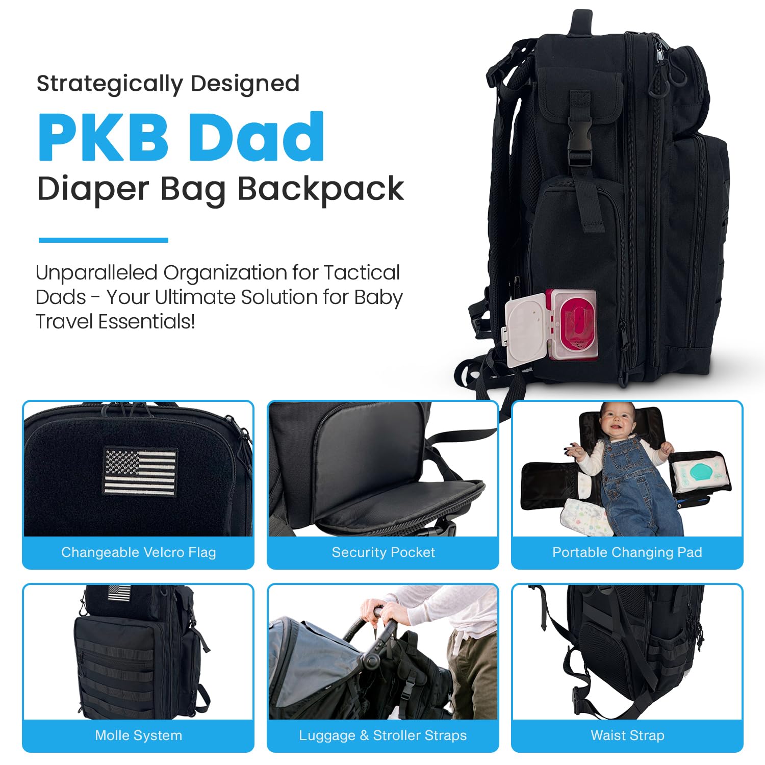 PKB Premium Dad Diaper Bag - Diaper Bag with Changing Station - Baby Diaper Bag for Men - Baby Essentials Waterproof Backpack - Diaper Bag with Insulated Pockets - With Luggage & Stroller Straps