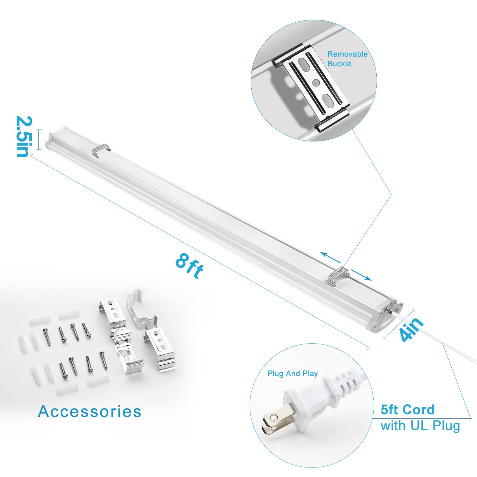 8ft Flush Mount 100w 3CCT(3000-4000-5000k) Selectable LED Vapor Shop Celling Light with 5ft Plug and Play for Special Wet Location and Celling Fixture Industry and Commercial Illumination (2 Pack)