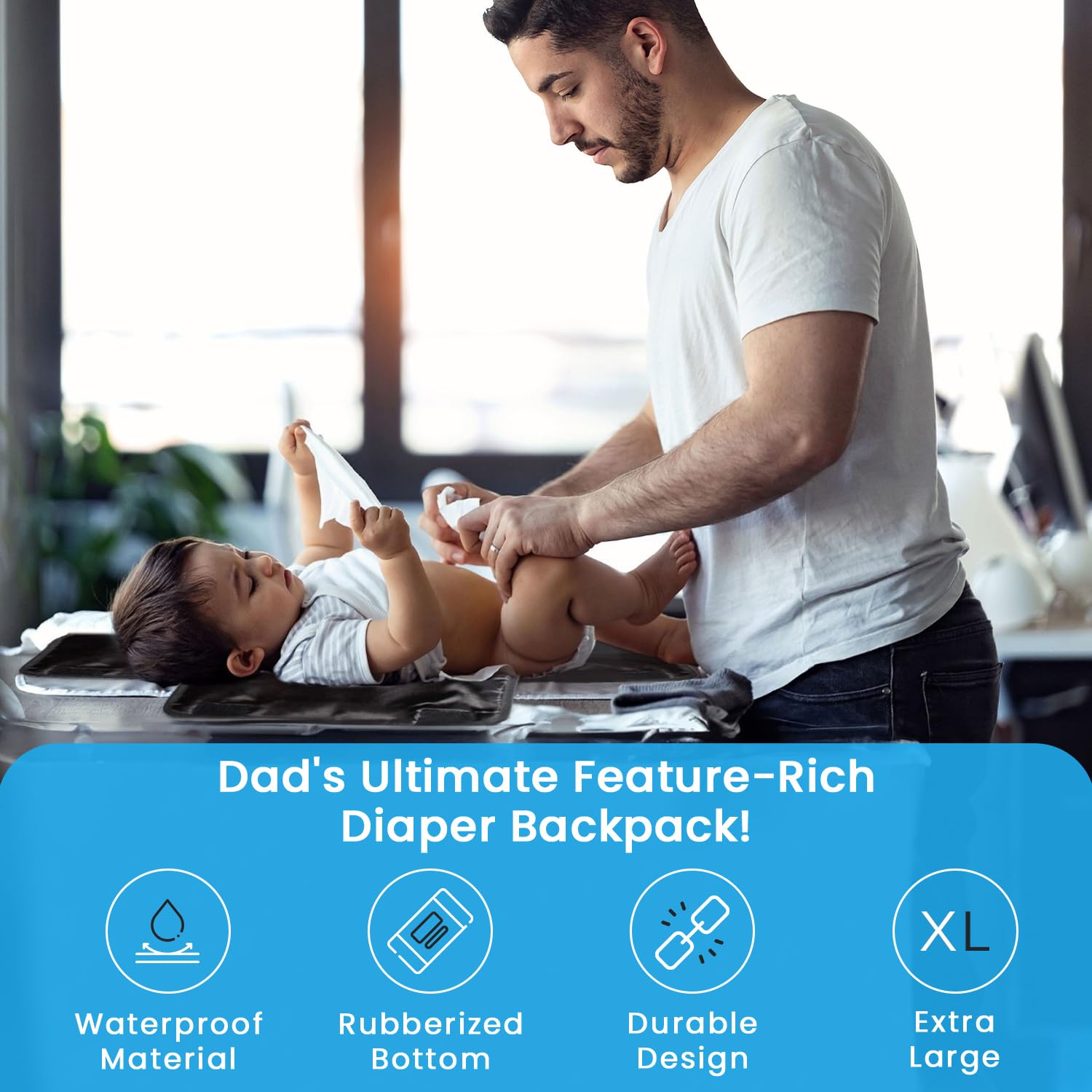 PKB Premium Dad Diaper Bag - Diaper Bag with Changing Station - Baby Diaper Bag for Men - Baby Essentials Waterproof Backpack - Diaper Bag with Insulated Pockets - With Luggage & Stroller Straps