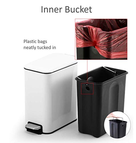 Bathroom Trash Can Wastebasket with Soft Close Lid - Rectangular Slim Narrow Stainless Steel Step Garbage Can for Craft Room Bedroom Kitchen Office - Removable Inner Bucket 5L/1.3 Gal (White)