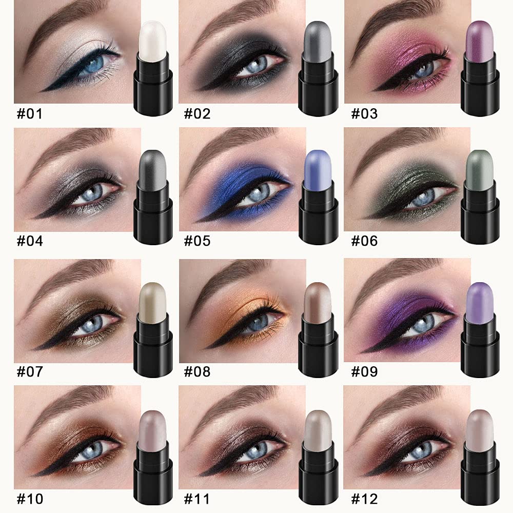 AMY'S DIARY 12 Colors Glitter Eyeshadow Stick Pen Makeup Set, Smoky Eye Shadow Pencil Crayon DNM Waterproof Gold Gray Silver White Blue Brown Green Cream Eye Glitter Eyeshadow Stick Set