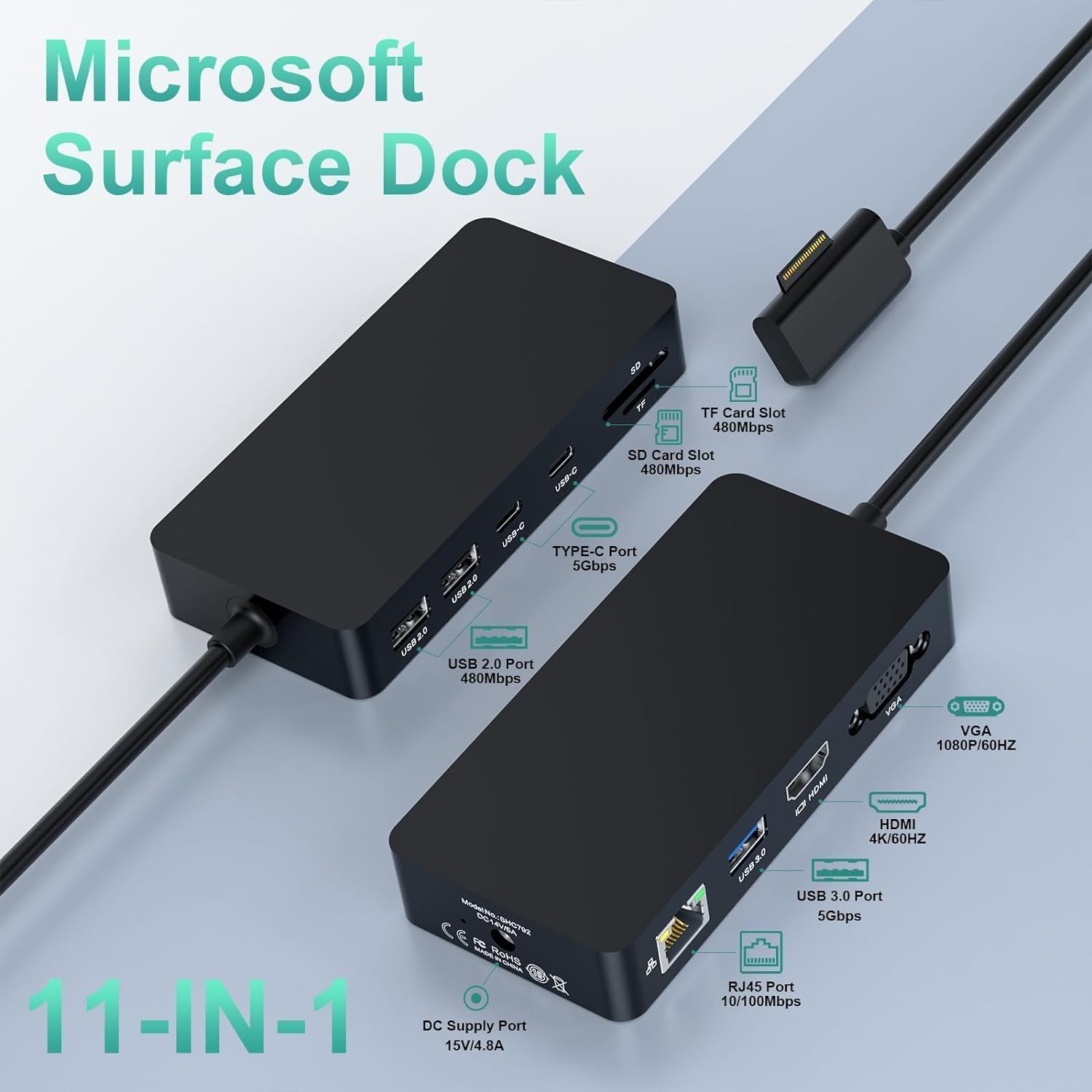 MTAKYI Surface Dock Triple Display with Power Supply, 12 in 1 Surface Pro Docking Station Dual 4K HDMI+VGA for Surface Pro 9/8/X/7/6/5/4/3, Surface Laptop go/5/4/3/2/1 USB C Splitter