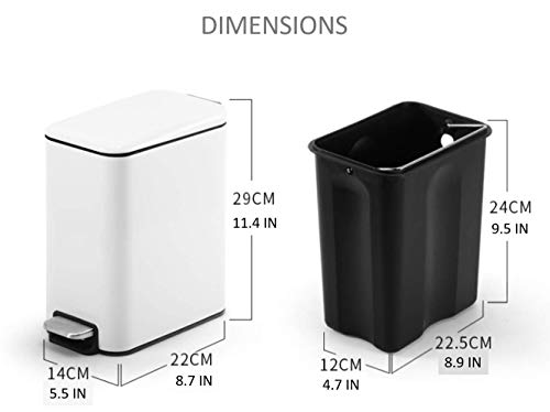 Bathroom Trash Can Wastebasket with Soft Close Lid - Rectangular Slim Narrow Stainless Steel Step Garbage Can for Craft Room Bedroom Kitchen Office - Removable Inner Bucket 5L/1.3 Gal (White)